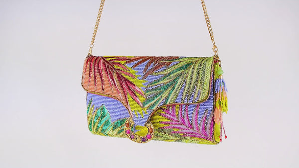 Tropics Beaded Colorful Leaves Crossbody Clutch Handbag Purse