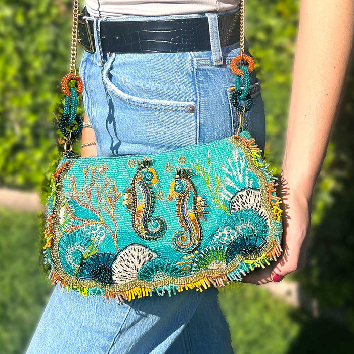Reef Rider Beaded Sea Horses Crossbody Handbag - Mary Frances