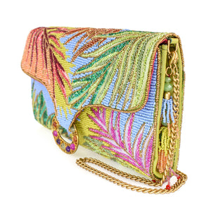 Tropics Beaded Colorful Leaves Crossbody Clutch Handbag Purse